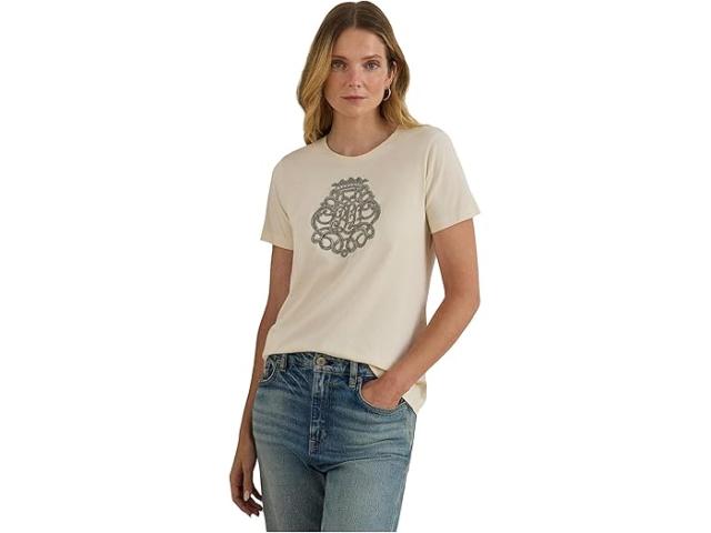 (取寄) ローレン ラルフローレン レディース ビーディド-クレスト コットン ジャージ ティー Lauren Ralph Lauren women Beaded-Crest Cotton Jersey Tee Mascarpone Cream
