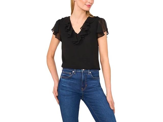 (取寄) シーシー レディース ラッフルド V ネック トップ CeCe women Ruffled V Neck Top Rich Black