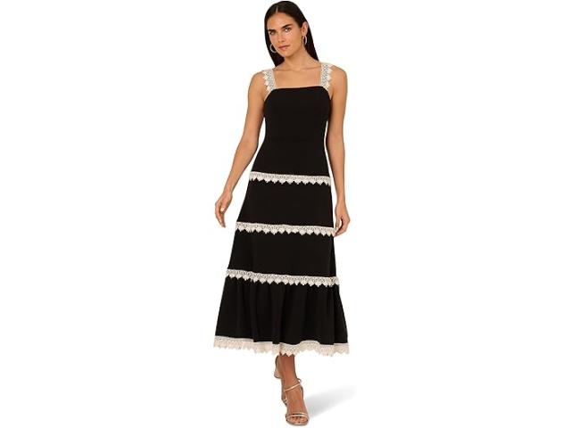 (取寄) アドリアナ パぺル レディース ニット クローシェ トリム ドレス Adrianna Papell women Knit Crochet Trim Dress Black/Ecru