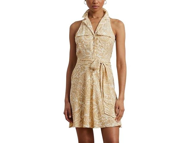 (取寄) ローレン ラルフローレン レディース フローラル クレープ スリーブレス シャツドレス Lauren Ralph Lauren women Floral Crepe Sleeveless Shirtdress Cream/Tan