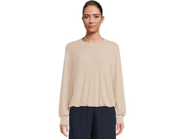 (取寄) マイケル スターズ レディース ティア リブド クルー ネック スウェットシャツ W/ スモック カフス Michael Stars women Tia Ribbed Crew Neck Sweatshirt w/ Smocked Cuffs Cement