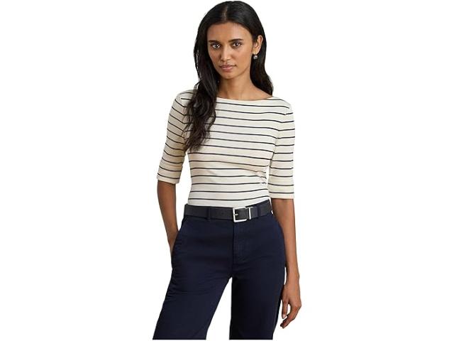 (取寄) ローレン ラルフローレン レディース ストライプド ストレッチ コットン ボートネック ティー Lauren Ralph Lauren women Striped Stretch Cotton Boatneck Tee Mascarpone Cream/Lauren Navy