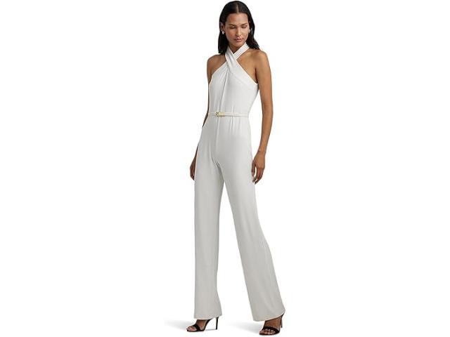 (取寄) ローレン ラルフローレン レディース ベルテッド ジャージ ホルター ワイド-レッグ ジャンプスーツ Lauren Ralph Lauren women Belted Jersey Halter Wide-Leg Jumpsuit White