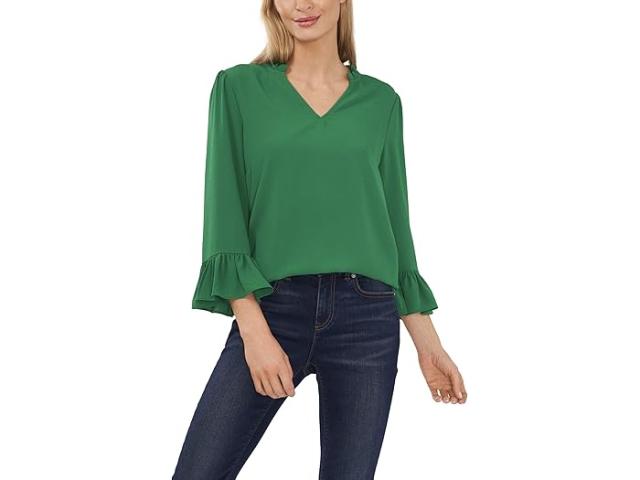 (取寄) シーシー レディース 3/4 ラッフルド V-ネック トップ CeCe women 3/4 Ruffled V-Neck Top Lush Green