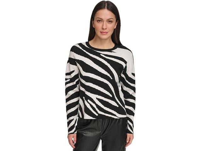 (取寄) ダナキャランニューヨーク レディース ロング スリーブ ゼブラ クルー ネック セーター DKNY women Long Sleeve Zebra Crew Neck Sweater Ivory/Black