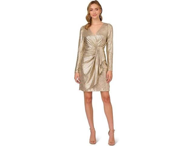 (取寄) アドリアナ パぺル レディース メタリック フォイル ニット ドレープド カクテル ドレス Adrianna Papell women llic Foil Knit Draped Cocktail Dress Light Gold