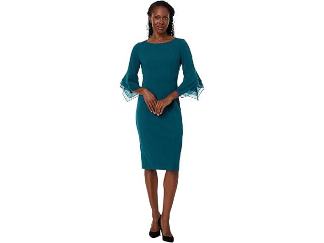 (取寄) アドリアナ パぺル レディース ストレッチ ニット クレープ シィース ドレス ウィズ ティアード オーガンザ ベル スリーブ Adrianna Papell women Stretch Knit Crepe Sheath Dress with Tiered Organza Bell Sleeve Hunter