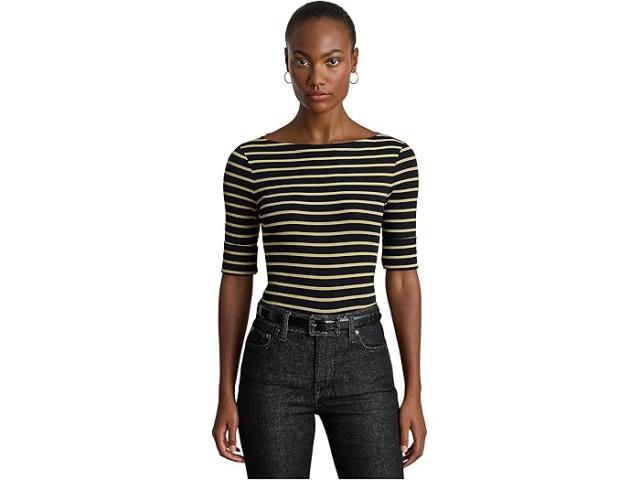 (取寄) ローレン ラルフローレン レディース メタリック ストライプド ボートネック ティー Lauren Ralph Lauren women llic Striped Boatneck Tee Black/Gold llic