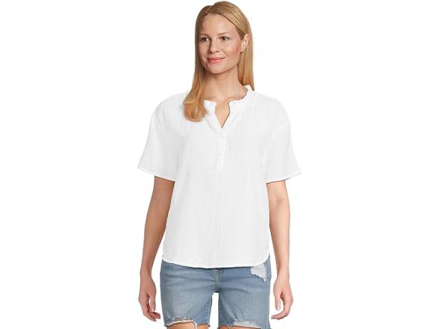 (取寄) モッドオードック レディース ショート スリーブ ラッフル ネック ヘンリー トップ Mod-o-doc women Short Sleeve Ruffle Neck Henley Top White