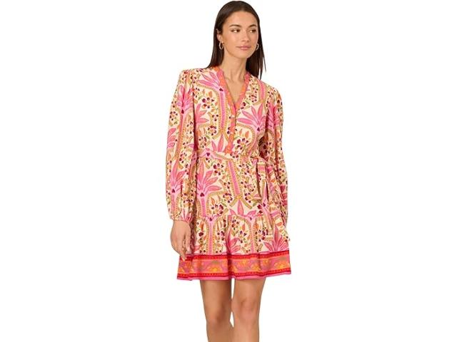 (取寄) アドリアナ パぺル レディース プリンテッド フリル ドレス Adrianna Papell women Printed Flounce Dress Pink Multi