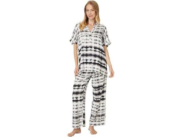 (取寄) N バイ ナトリ レディース ポルト チャーリス プル-オーバー トップ パジャマ セット N by Natori women Porto Challis pull-Over Top Pajama Set Black/White
