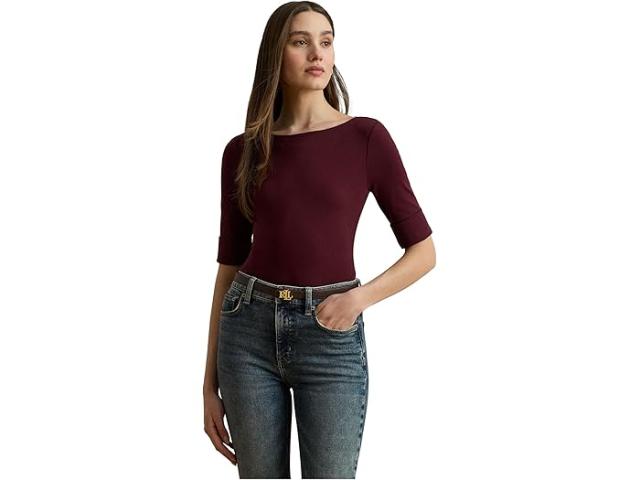 (取寄) ローレン ラルフローレン レディース ストレッチ コットン ボートネック ティー Lauren Ralph Lauren women Stretch Cotton Boatneck Tee Dark Garnet