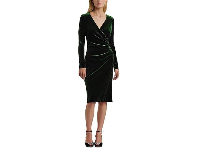 (取寄) ローレン ラルフローレン レディース ストレッチ ベルネット サープリス ドレス Lauren Ralph Lauren women Stretch Velvet Surplice Dress Emerald Green Velvet