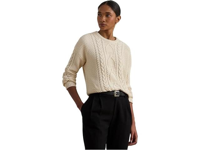 (取寄) ローレン ラルフローレン レディース ケーブルニット コットン クルーネック セーター Lauren Ralph Lauren women Cable-Knit Cotton Crewneck Sweater Mascarpone Cream