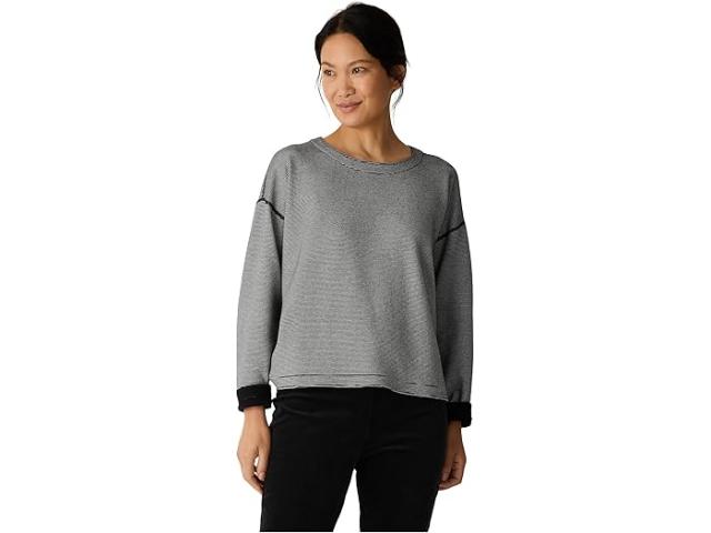 (取寄) アイリーン フィッシャー レディース ダブルニット オーガニック コットン ストライプ ラウンド ネック リバーシブル トップ Eileen Fisher women Doubleknit Organic Cotton Stripe Round Neck Reversible Top Black Ivory