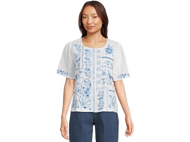 (取寄) ジョニー ワズ レディース リネン フラッター スリーブ ヤディラ Johnny Was women Linen Flutter Sleeve Blouse- Yadira White