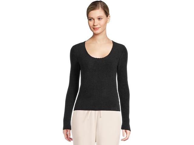 (取寄) ベアフットドリームス レディース コージーシック ウルトラ ライト リブド スカルプ スクープ ネック トップ Barefoot Dreams women Cozychic Ultra Lite Ribbed Scallop Scoop Neck Top Black