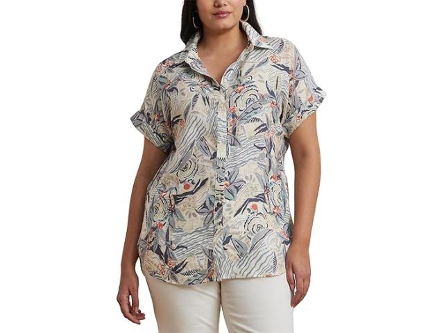 (取寄) ローレン ラルフローレン レディース プラス サイズ リラックスド-フィット フィット プリント ショート スリーブ シャツ Lauren Ralph Lauren women Plus Size Relaxed Fit Print Short Sleeve Shirt Cream/Multi