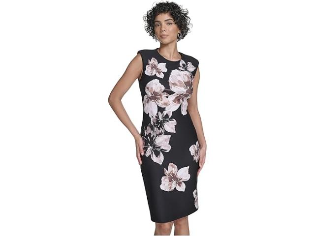 (取寄) カルバンクライン レディース キャップ スリーブ フローラル スキューバ シィース   women Cap Sleeve Floral Scuba Sheath Black/Luggage Multi