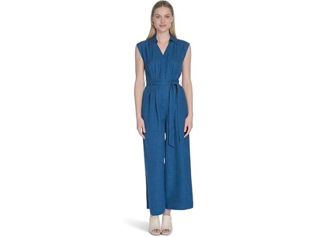 (取寄) カルバンクライン レディース ショート スリーブ ベルテッド ジャンプスーツ   women Aerowash Short Sleeve Belted Jumpsuit Poseidon
