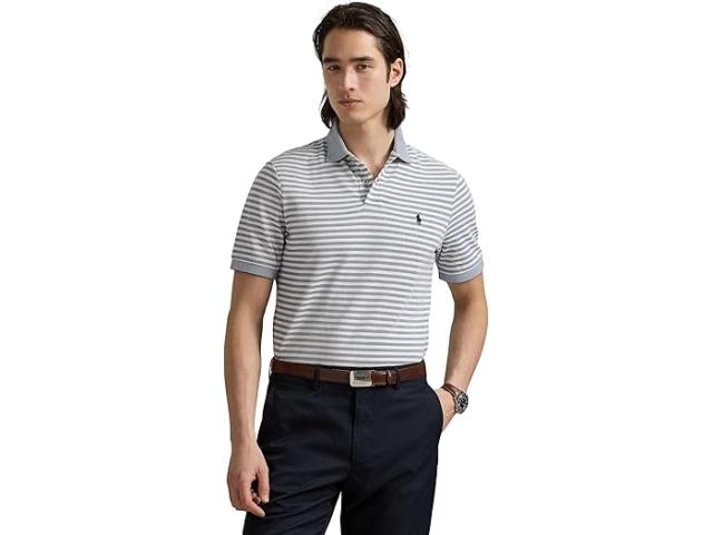 (取寄) ラルフローレン メンズ クラシック フィット ストライプド メッシュ ポロ シャツ Polo Ralph Lauren men Classic Fit Striped Mesh Polo Shirt Earth Blue/White