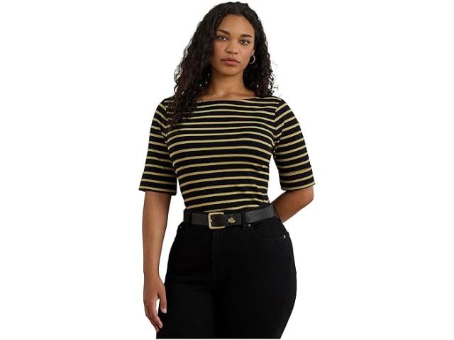 (取寄) ローレン ラルフローレン レディース プラス サイズ メタリック ストライプド ボートネック ティー Lauren Ralph Lauren women Plus Size llic Striped Boatneck Tee Black/Gold llic