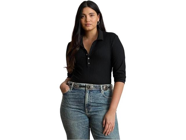 (取寄) ローレン ラルフローレン レディース プラス サイズ リブ-ニット スリー-クオーター-スリーブ ポロ シャツ Lauren Ralph Lauren women Plus Size Rib-knit Three-quarter-sleeve Polo Shirt Black