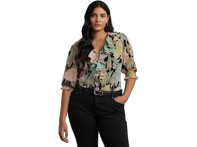 (取寄) ローレン ラルフローレン レディース プラス サイズ フローラル ジョーゼット フリルトリム ブラウザ Lauren Ralph Lauren women Plus Size Floral ette Ruffle-trim Blouse Black/Pink/Green