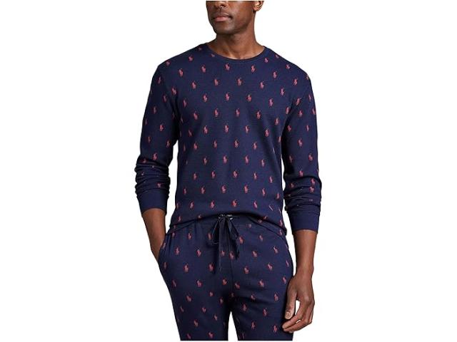 (取寄) ラルフローレン メンズ プリンテッド ワッフル ロング スリーブ クルー ウィズ オール オーバー プリント Polo Ralph Lauren men Printed Waffle Long Sleeve Crew with All Over Print Cruise Navy