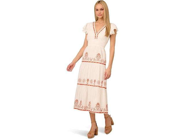 (取寄) アドリアナ パぺル レディース スモック ウェスト ロング ドレス Adrianna Papell women Smocked Waist Long Dress Ivory/Red Multi