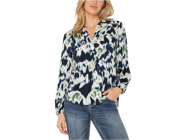 (取寄) リバプールロサンゼルス レディース ロング スリーブ ボタン フロント シャード ウーブン ブラウザ Liverpool Los Angeles women Long Sleeve Button Front Shirred Woven Blouse Navy Multi Ikat