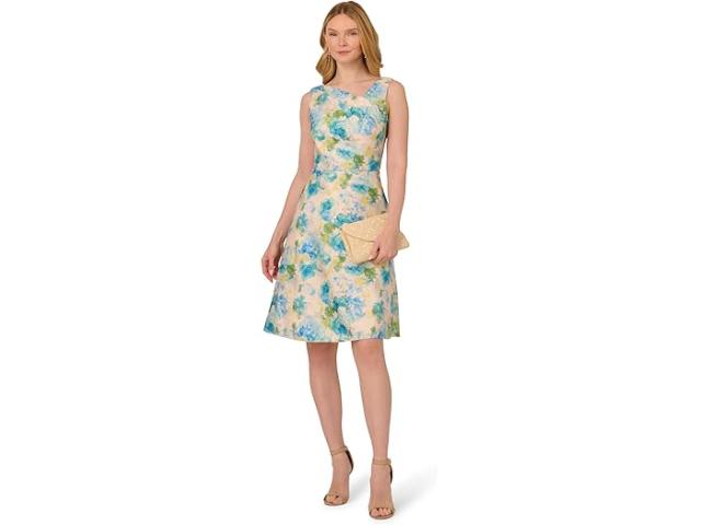 (取寄) アドリアナ パぺル レディース アシンメトリカル ジャカード ミディ ドレス Adrianna Papell women Asymmetrical Jacquard Midi Dress Ivory/Blue Multi