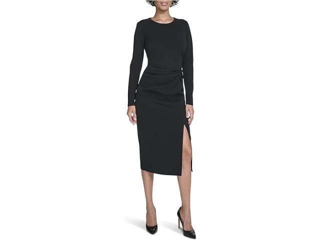 (取寄) カルバンクライン レディース ロング スリーブ ソリッド ルースド ミディ   women Long Sleeve Solid Rouched Midi Black
