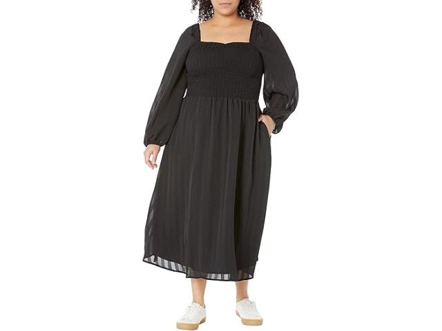 (取寄) メイドウェル レディース プラス エミネ ロング スリーブ ルーシュド ルシエ ミディ ドレス - シアサッカー ストライプ Madewell women Plus Emine Long Sleeve Ruched Lucie Midi Dress - Seersucker Stripe True Black