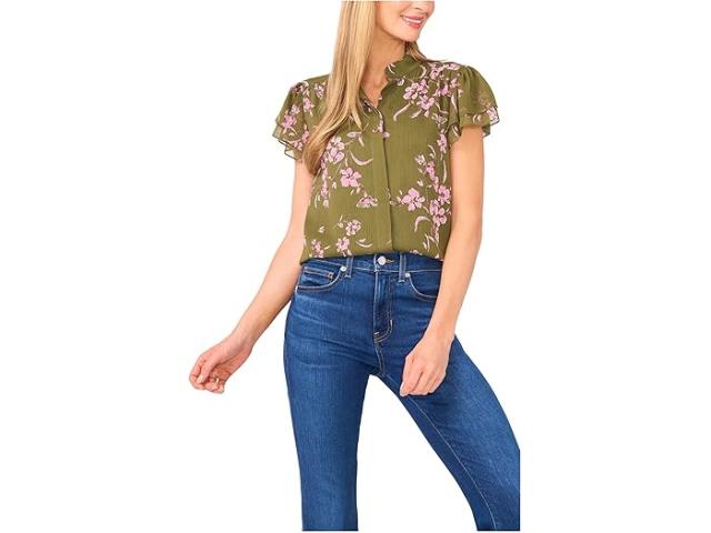 (取寄) シーシー レディース ロング スリーブ タイ V-ネック ラッフルド トップ CeCe women Long Sleeve Tie V-neck Ruffled Top Chive