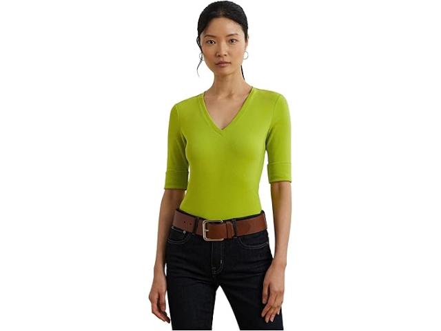 (取寄) ローレン ラルフローレン レディース ストレッチ コットン エルボー-スリーブ V-ネック ティー Lauren Ralph Lauren women Stretch Cotton Elbow-Sleeve V-Neck Tee Lime Chartreuse