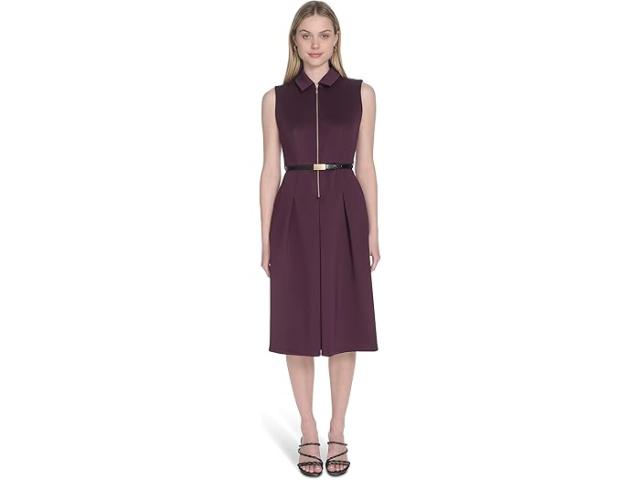 (取寄) カルバンクライン レディース スリーブレス スキューバ ベルテッド ジッパー ドレス   women Sleeveless Scuba Belted Zipper Dress Aubergine