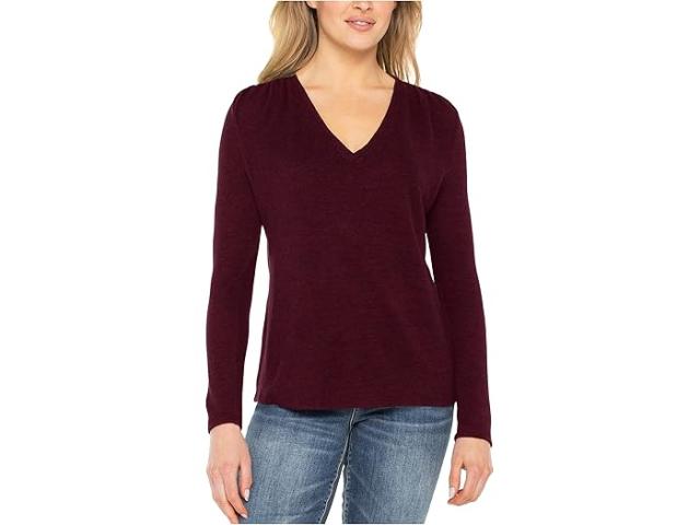 (取寄) リバプールロサンゼルス レディース ロング スリーブ V-ネック ニット トップ W/ シャーリング Liverpool Los Angeles women Long Sleeve V-Neck Knit Top W/ Shirring Maroon Melange