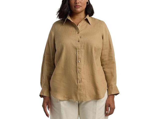 (取寄) ローレン ラルフローレン レディース プラス-サイズ リネン ロール タブ - スリーブ シャツ Lauren Ralph Lauren women Plus-Size Linen Roll TabSleeve Shirt Birch Tan
