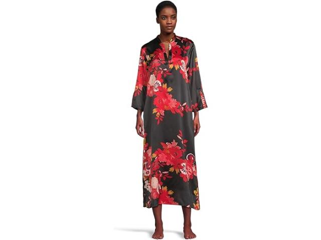 (取寄) N バイ ナトリ レディース エンプレス - プリンテッド サテン マンダリン カラー カフタン N by Natori women Empress - Printed Satin Mandarin Collar Caftan Black