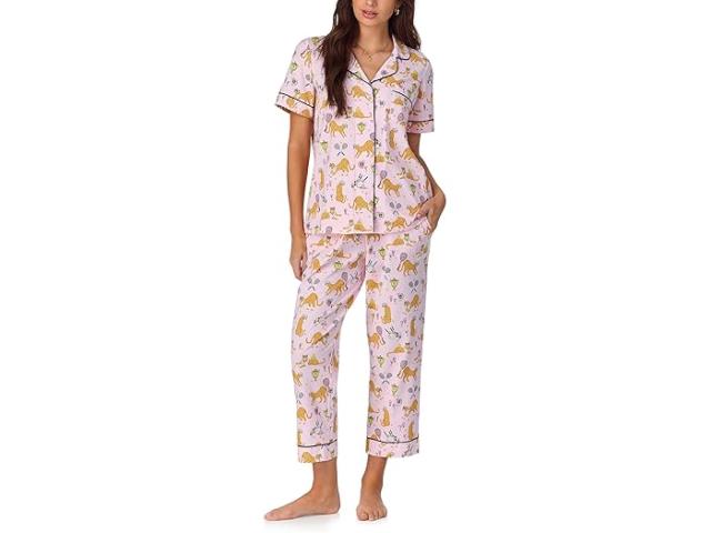 (取寄) ベッドヘッドパジャマズ レディース ショート スリーブ クラシック ストレッチ ジャージ クロップド パジャマ セット Bedhead PJs women Short Sleeve Classic Stretch Jersey Cropped Pajama Set Tennis Cheetahs