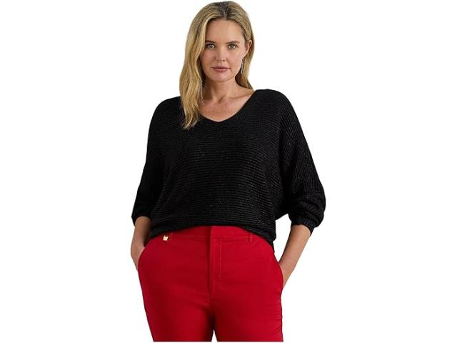 (取寄) ローレン ラルフローレン レディース プラス サイズ メタリック リブ-ニット ドルマン-スリーブ セーター Lauren Ralph Lauren women Plus Size llic Rib-Knit Dolman-Sleeve Sweater Black llic