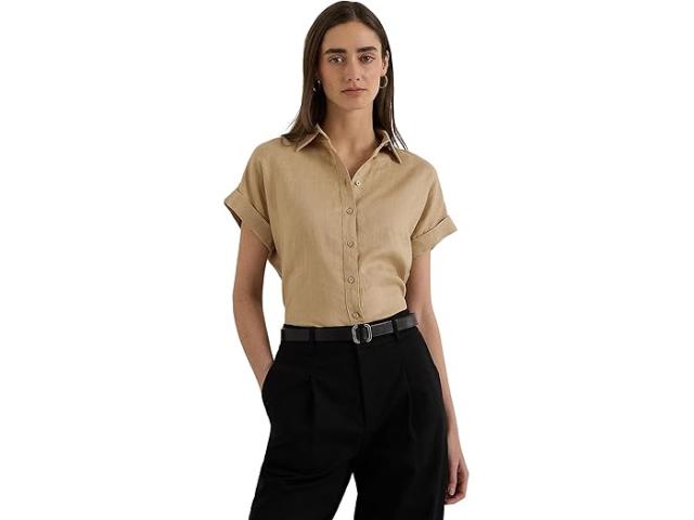 (取寄) ローレン ラルフローレン レディース リネン ドルマン-スリーブ シャツ Lauren Ralph Lauren women Linen Dolman-Sleeve Shirt Birch Tan