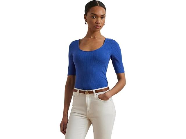(取寄) ローレン ラルフローレン レディース リブ-ニット コットンブレンド エルボー-スリーブ ティー Lauren Ralph Lauren women Rib-Knit Cotton-Blend Elbow-Sleeve Tee Blue Lapis