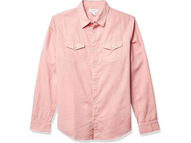 (取寄) カルバンクライン メンズ ロング スリーブ ストレッチ コットン リネン ボタン ダウン シャツ   men Long Sleeve Stretch Cotton Linen Button Down Shirt Beet Straw