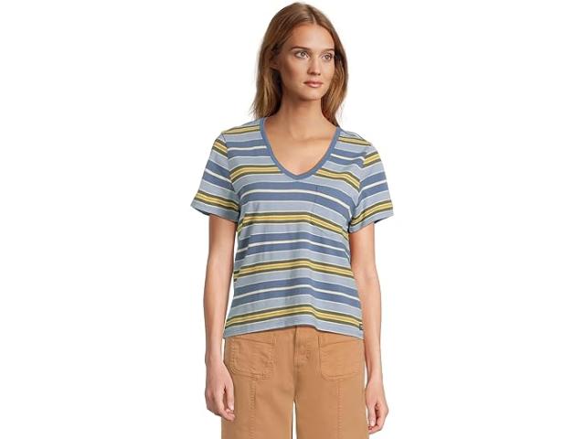 (取寄) トードアンドコー レディース グロム V ネック ショート スリーブ シャツ Toad&Co women Grom V Neck Short Sleeve Shirt Weathered Blue Stripe