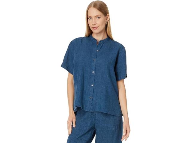 (取寄) アイリーン フィッシャー レディース マンダリン カラー ショート スリーブ シャツ Eileen Fisher women Mandarin Collar Short Sleeve Shirt Atlantis