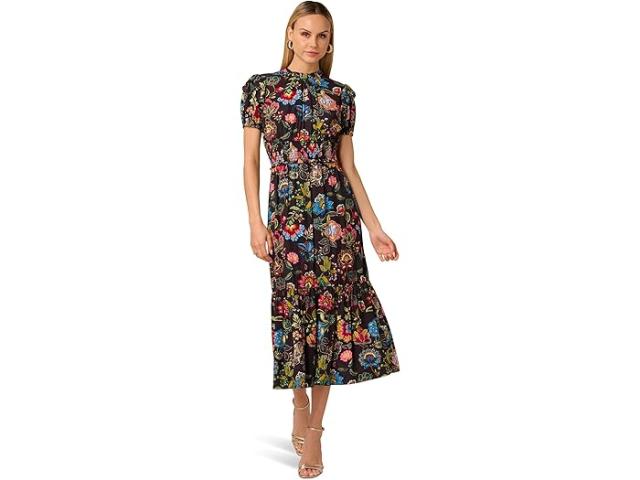 (取寄) アドリアナ パぺル レディース プリンテッド ミディ ドレス Adrianna Papell women Printed Midi Dress Black Multi