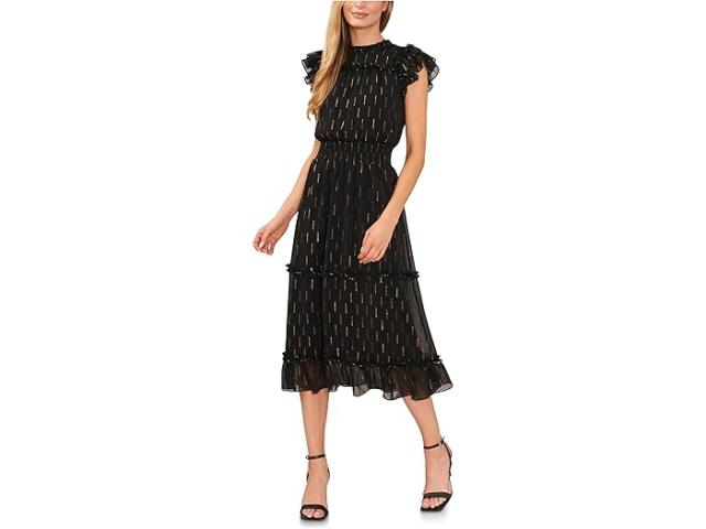 (取寄) シーシー レディース フラッター スリーブ スモック ウェスト ミディ ドレス CeCe women Flutter Sleeve Smocked Waist Midi Dress Rich Black