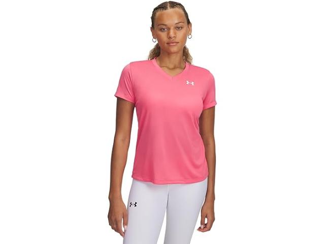 (取寄) アンダーアーマー レディース テック ショート スリーブ V-ネック ソリッド Under Armour women Tech Short Sleeve V-Neck Solid Super Pink/White